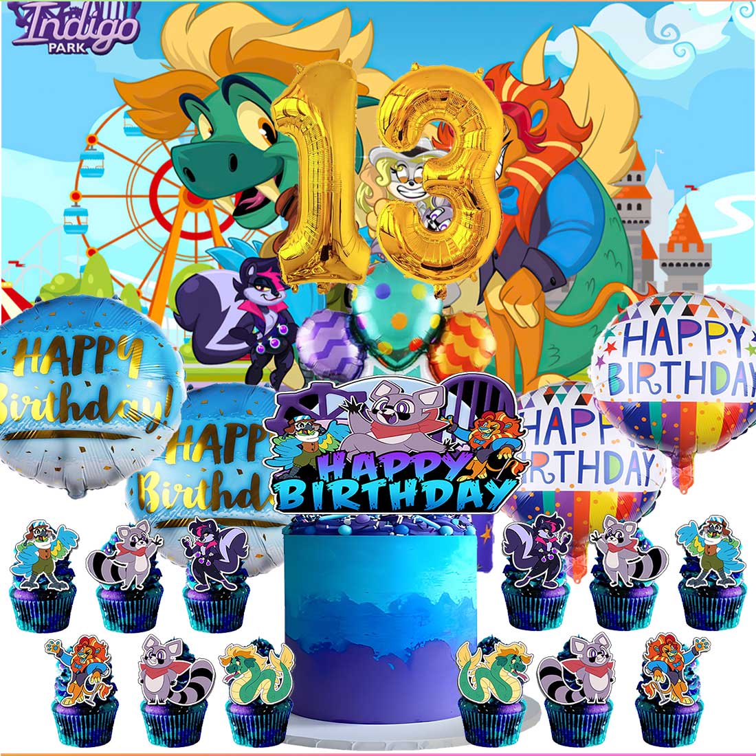 Indigo Park Party Supplies Decor 13th Kit Balloons Birthday Cake Topper ...