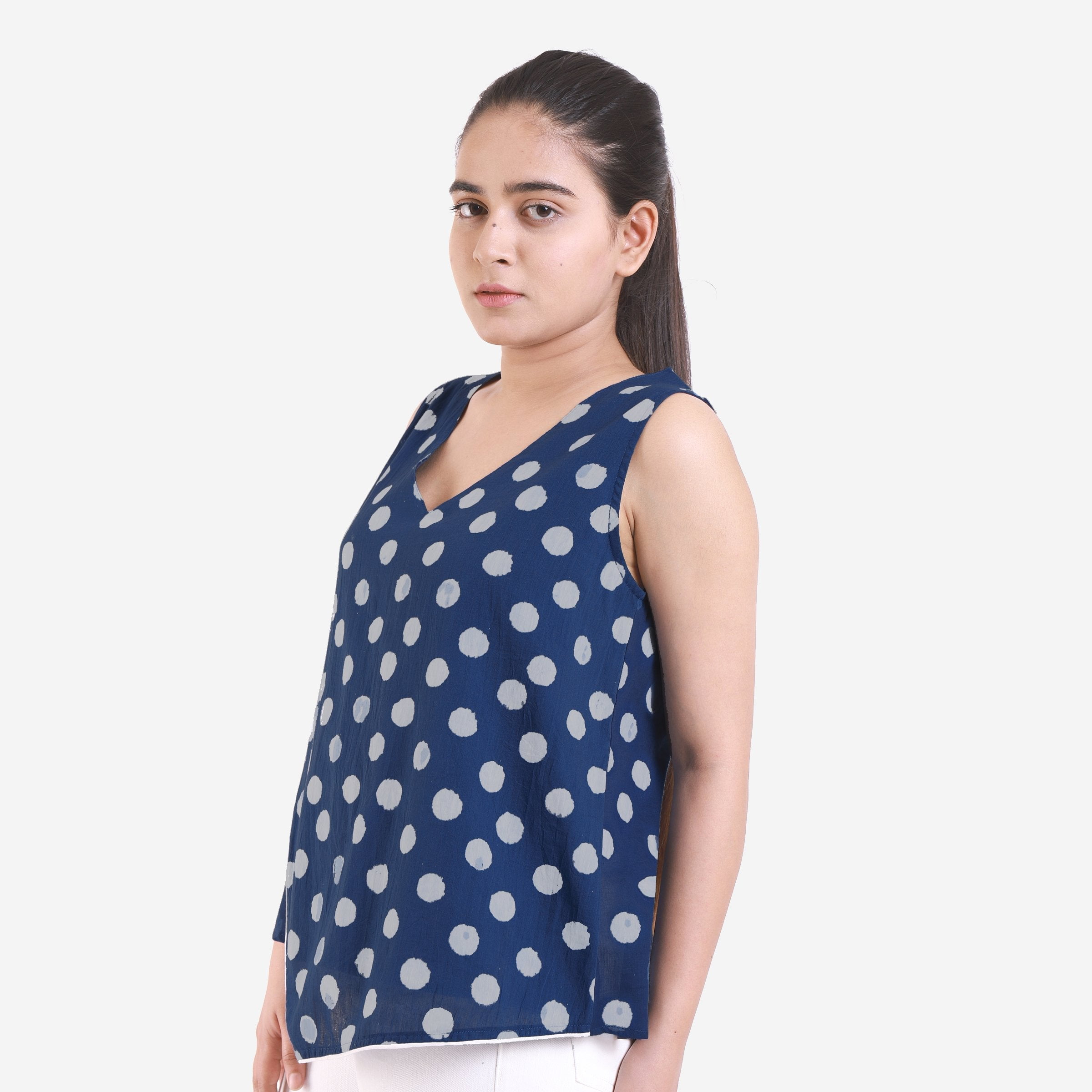 Indigo Polka Dot Block Printed Asymmetrical Cotton Top - Walmart.com