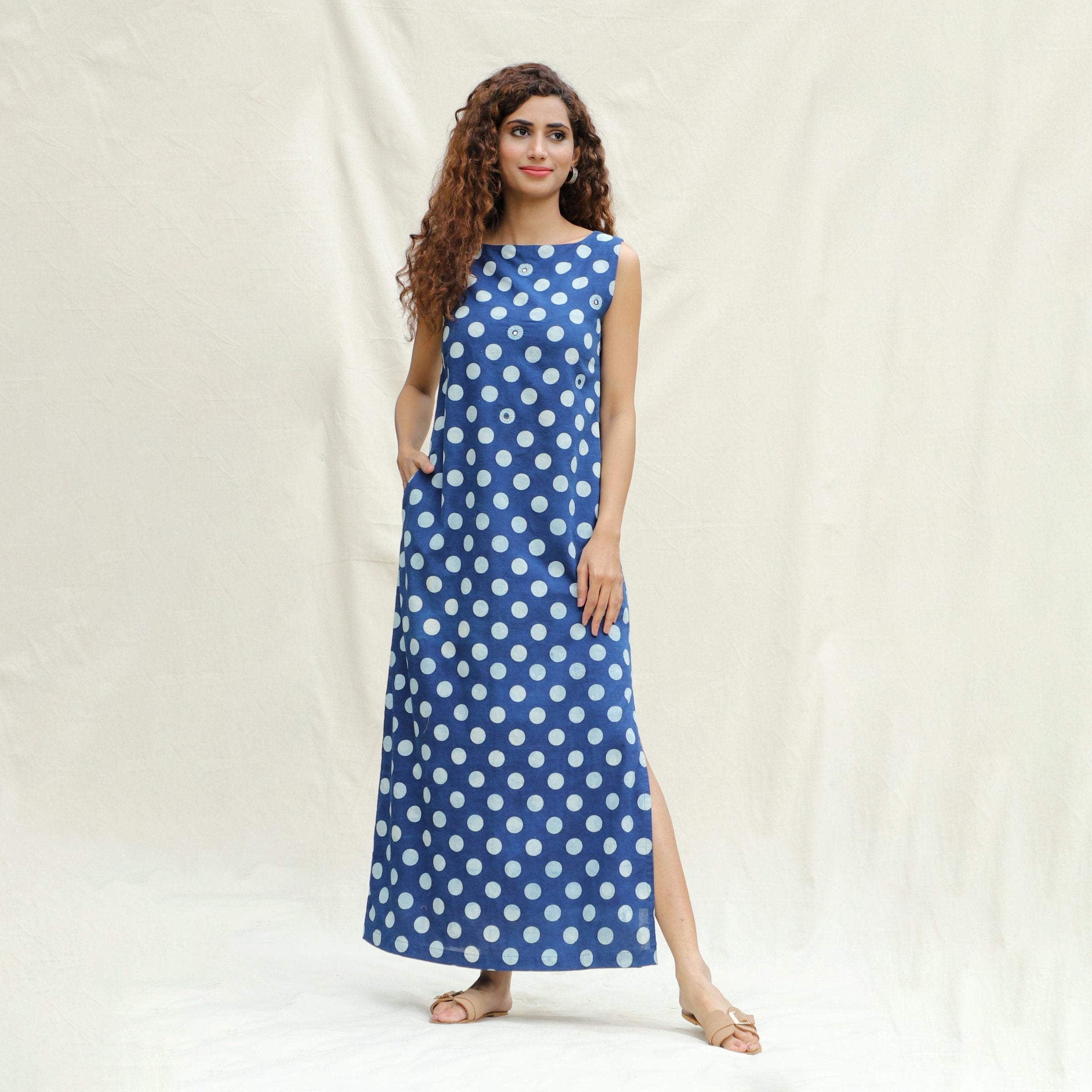 Indigo Polka Dot Block Printed Cotton Ankle Length Shift Dress ...