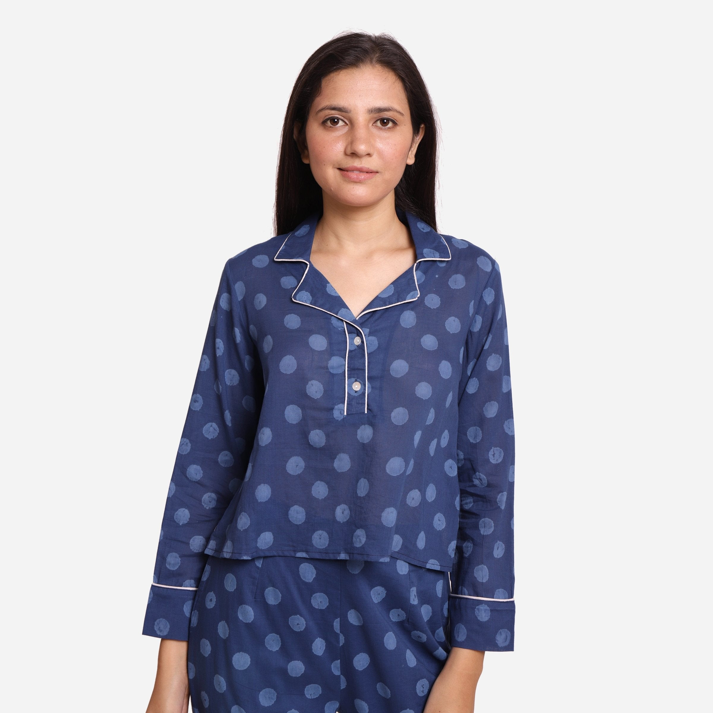 Indigo Polka Dot Block Printed Cotton Notched Collar Shirt - Walmart.com