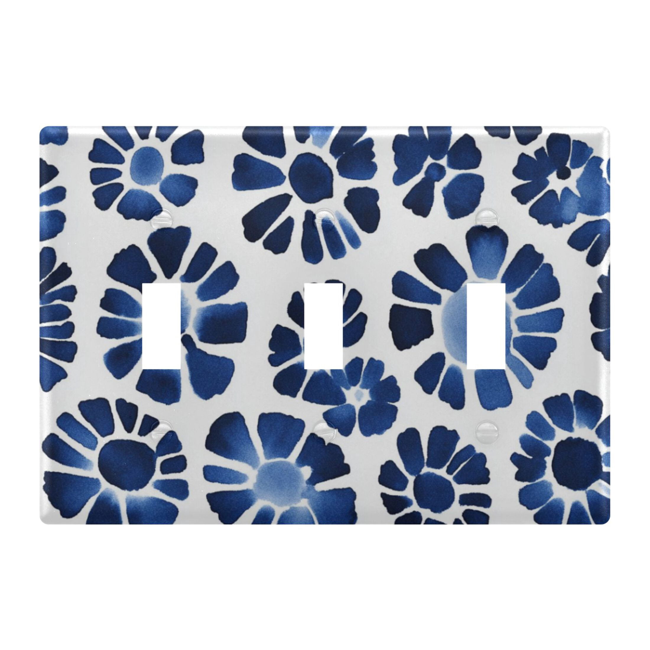 Indigo Print on White Light Switch Cover Decorative 3 Gang Wall Plate ...