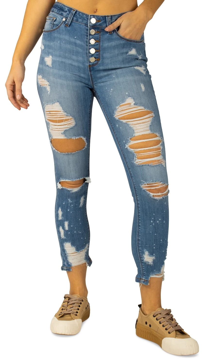 Indigo Rein MEDIUM BLUE Women's Juniors' Button-Fly Ripped Skinny Jeans ...