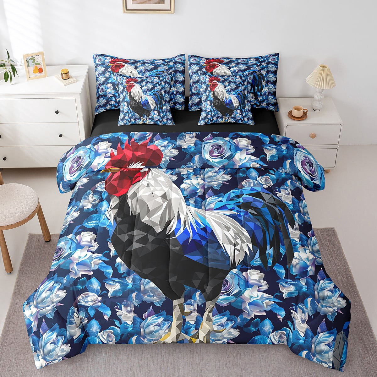 Indigo Rooster Comforter Set,7 Pieces Vintage Farmhouse Cock Full Bed ...