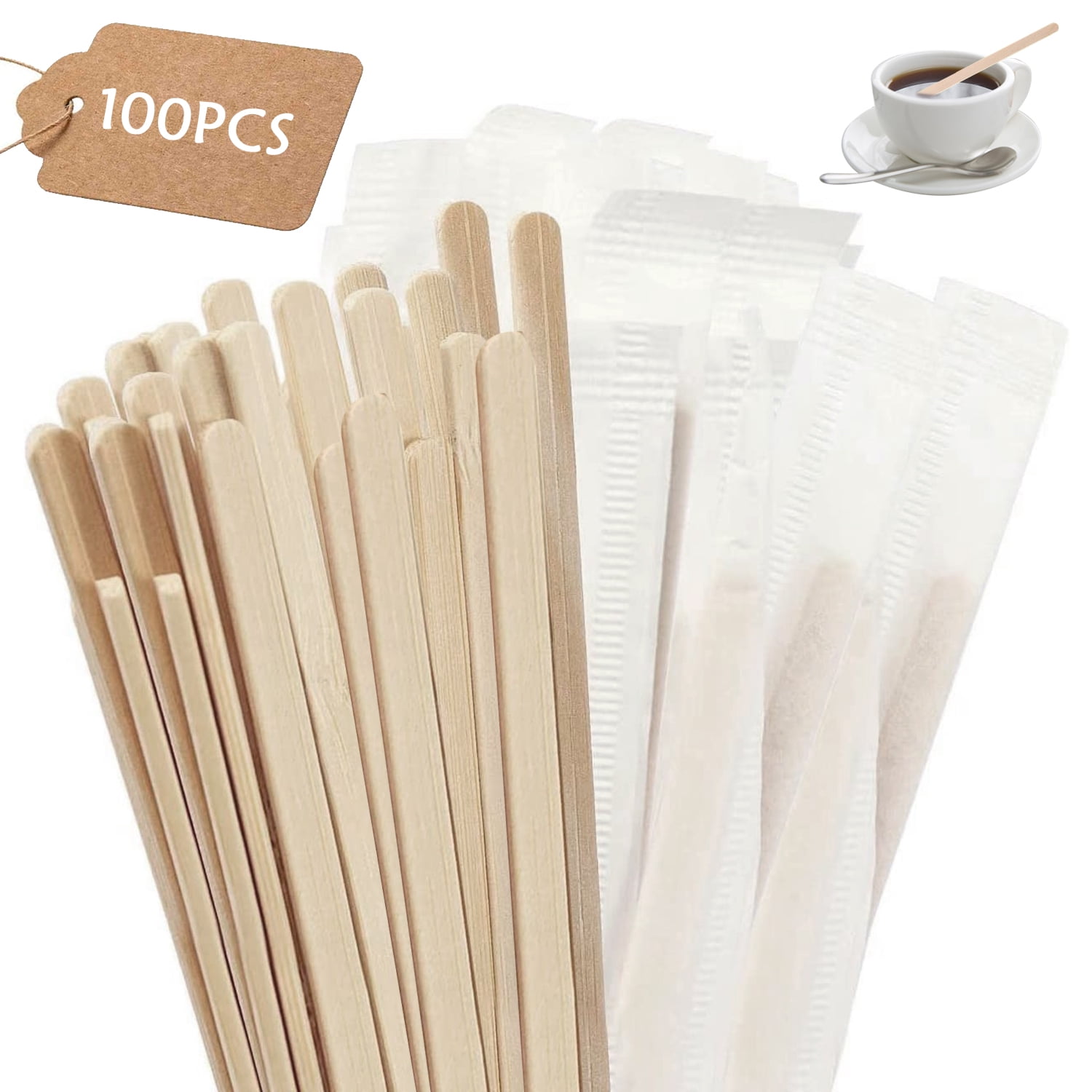 Individually Wrapped Coffee Stir Sticks, 100Pcs-5.5" Long Wooden Coffee ...