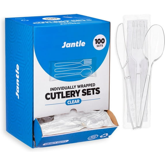 Individually Wrapped Plastic Cutlery Set with Napkin - 100 Pack Heavy ...