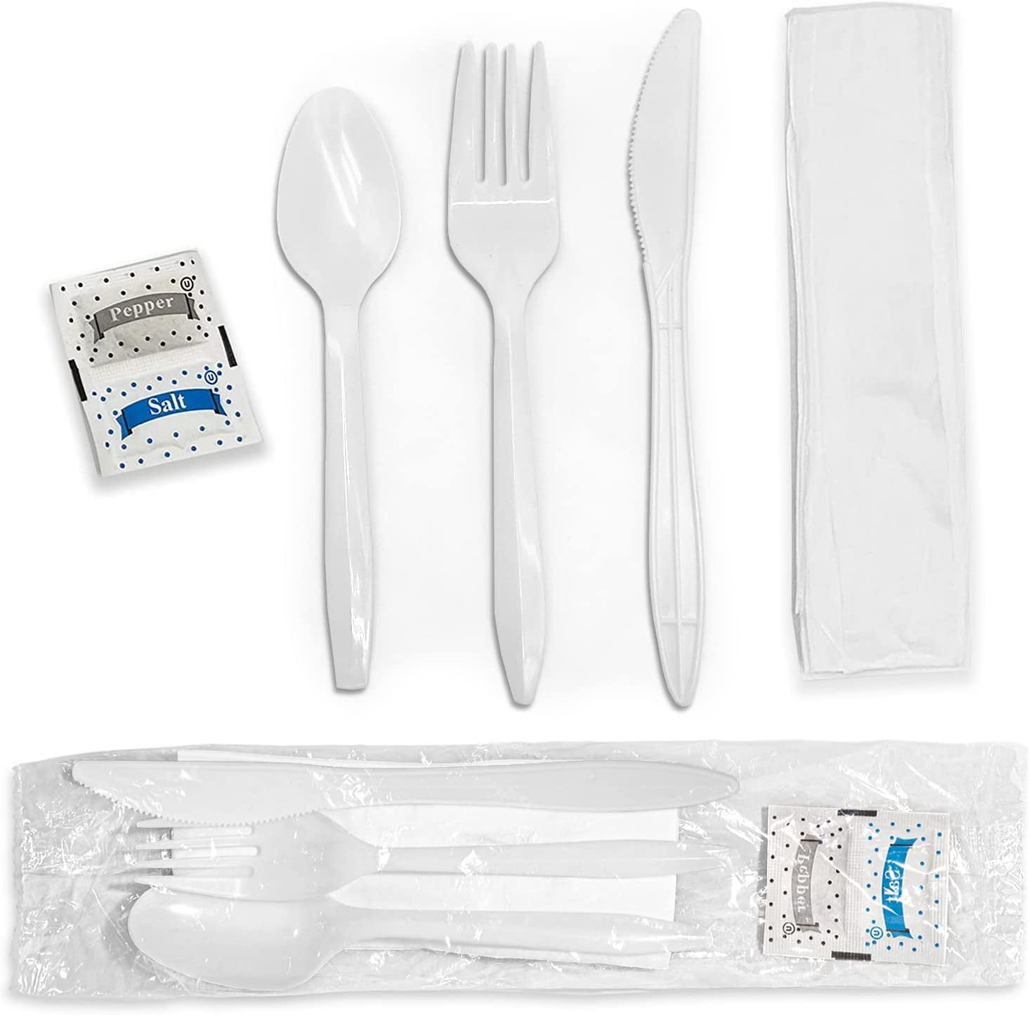 Individually Wrapped Plastic Cutlery Set with Napkin + Salt & Pepper ...