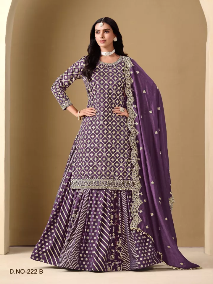 Indo Western Style Long Kurta Lehenga Choli Pakistani Purple Sequin ...