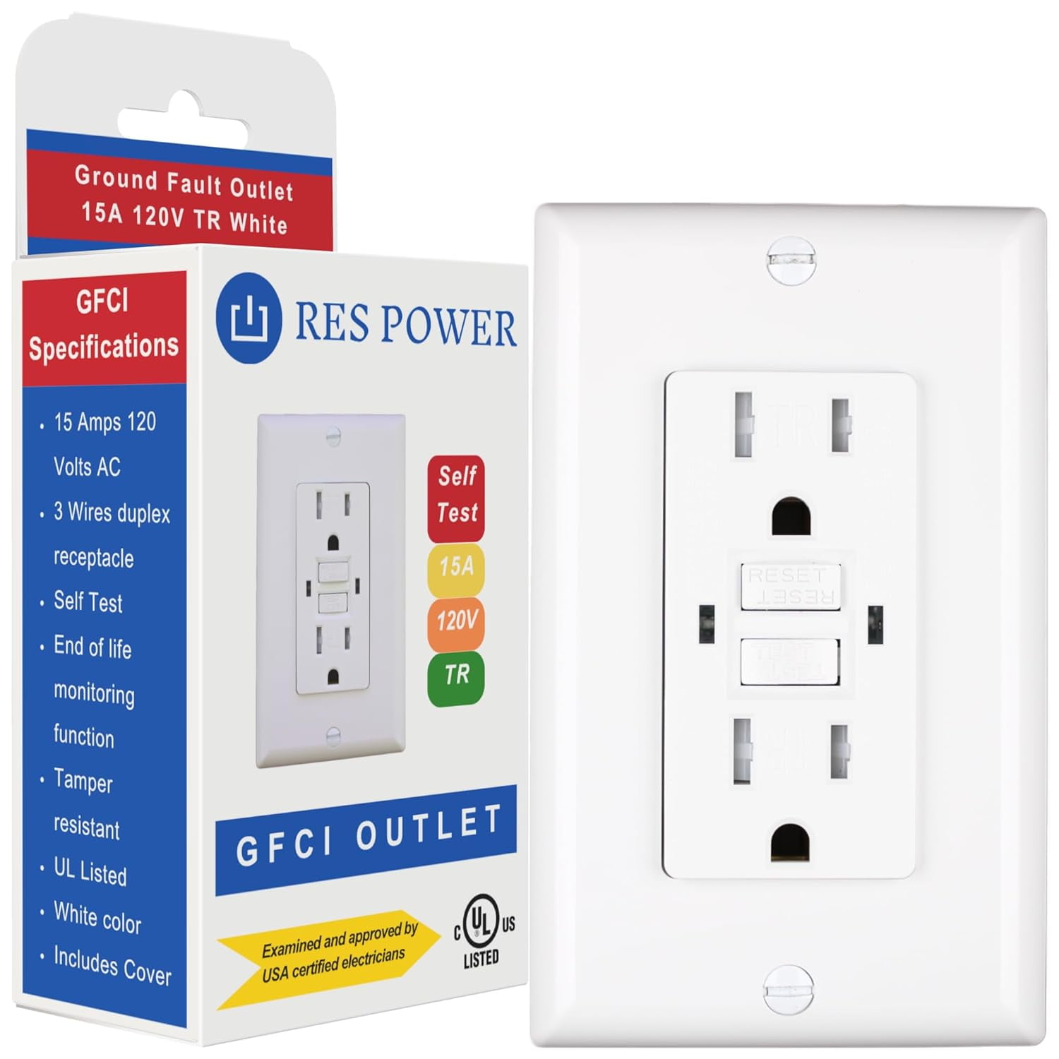 Indoor 15 Amps GFCI Outlet UL Listed, 120 Volts, Tamper-Resistant, Self ...