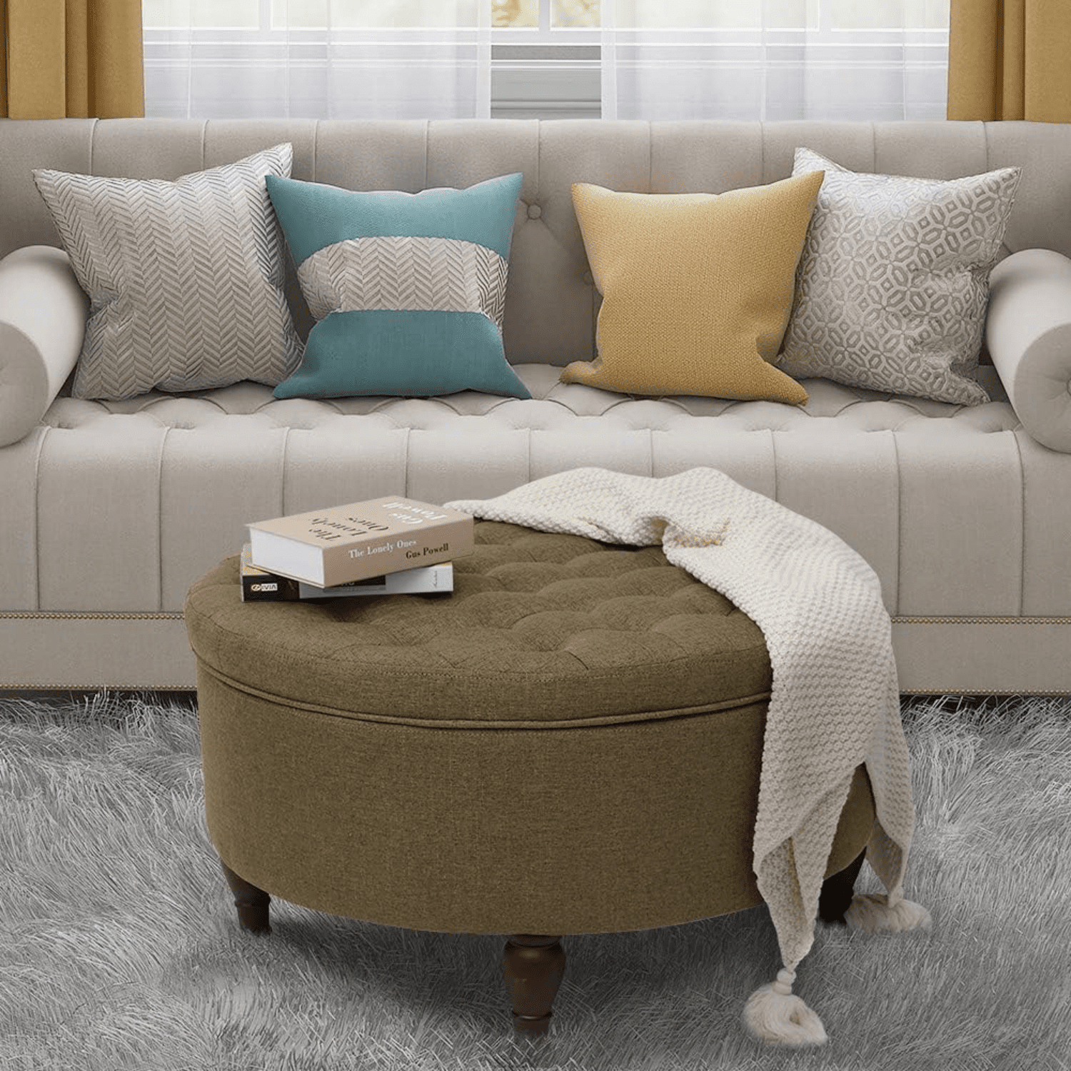 Indoor 32" Tufted Round Storage Cocktail Ottoman with Removable Lid ...