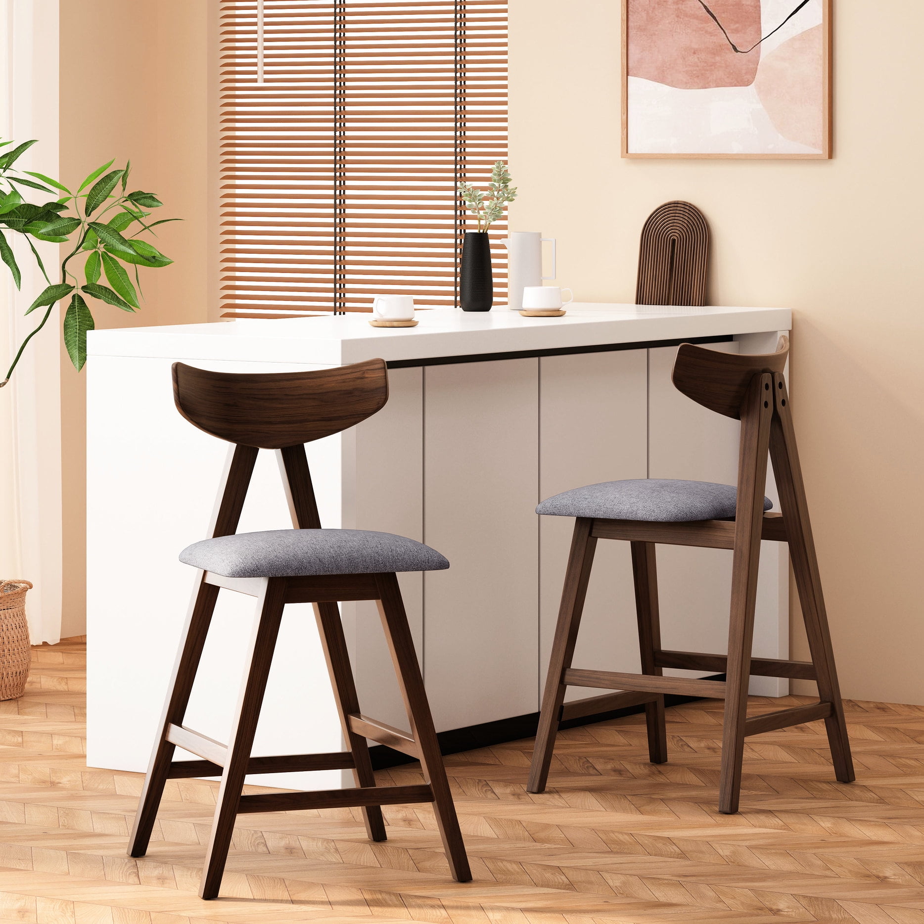 Indoor Bar Counter Stool Set of 2 Dark Grey Fabric Elegant Backrests ...