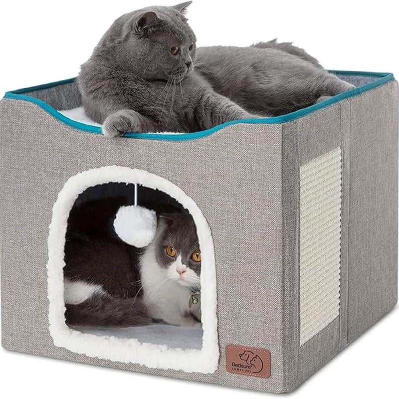 Indoor Cat House with Scratch Pad & Hideaway Condo, Soft Plush Small ...