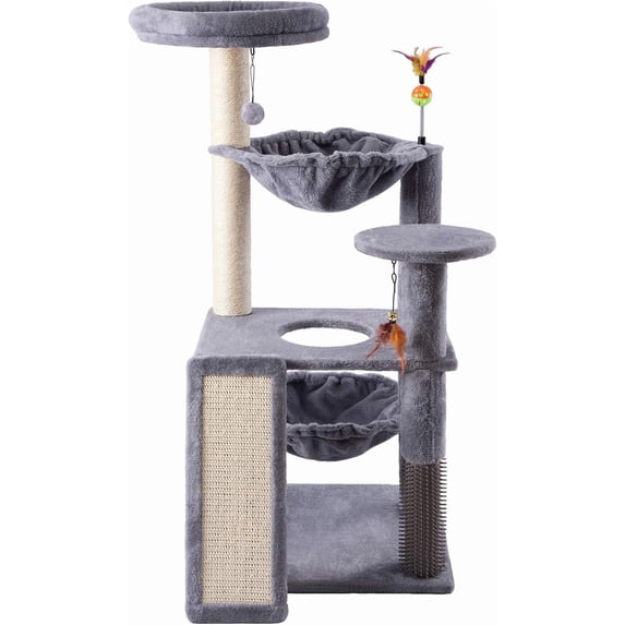 Indoor Cat Tree Tower with Hammock, Self-Grooming Brush, Scratch Ladder ...