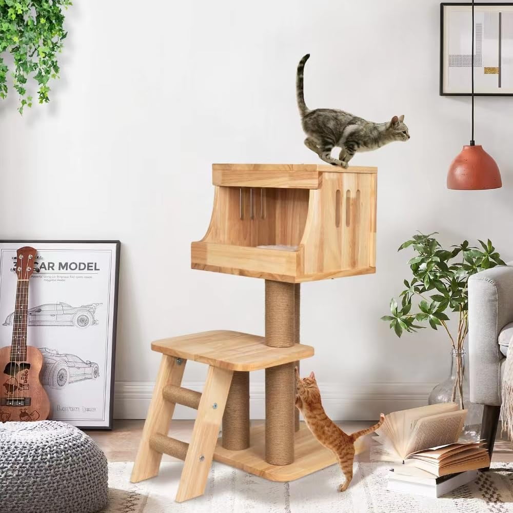 Indoor Cat Tree for Modern Cats - 32" Luxury Wood Tower, Cat Scratching Posts, Stepladder, Cozy ...