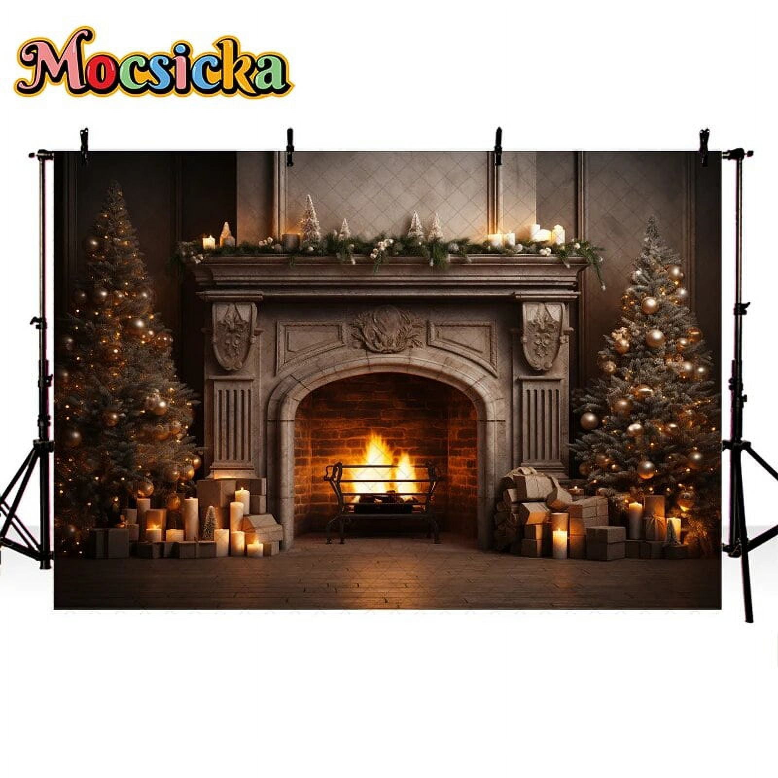 Indoor Christmas Mantel Photography Background Kids Art Portrait Photo Backdrop Xmas Tree ...