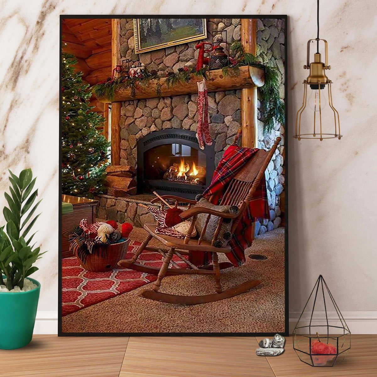 Indoor Christmas Warm Wooden Fireplace Wool Rolls Peace Place Merry ...