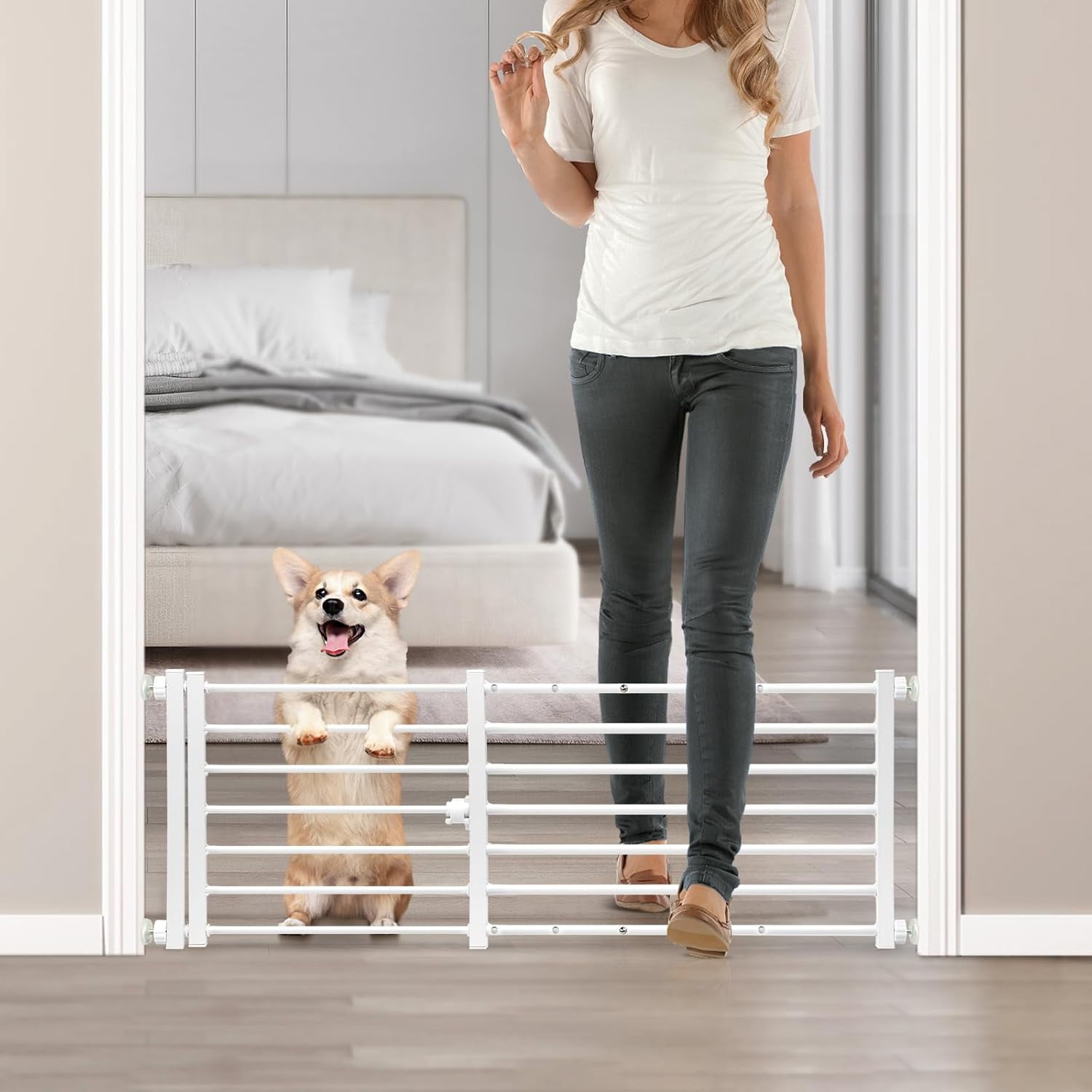 Indoor Dog Gate with Door, 26-41" Extra Wide Full Metal Pet Gate Short ...