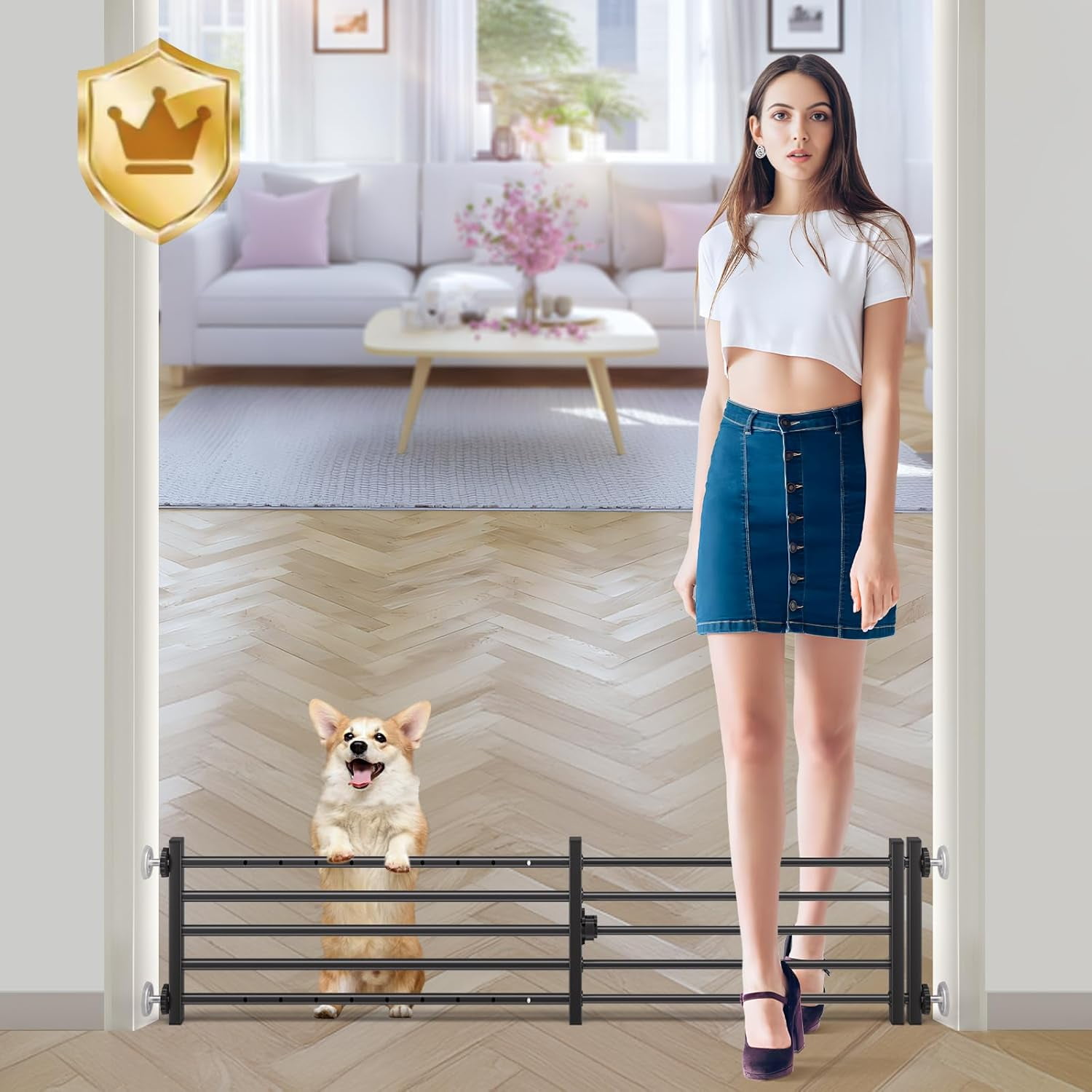 Indoor Dog Gate with Door, 34-55" Extra Wide Full Metal Pet Gate Short ...