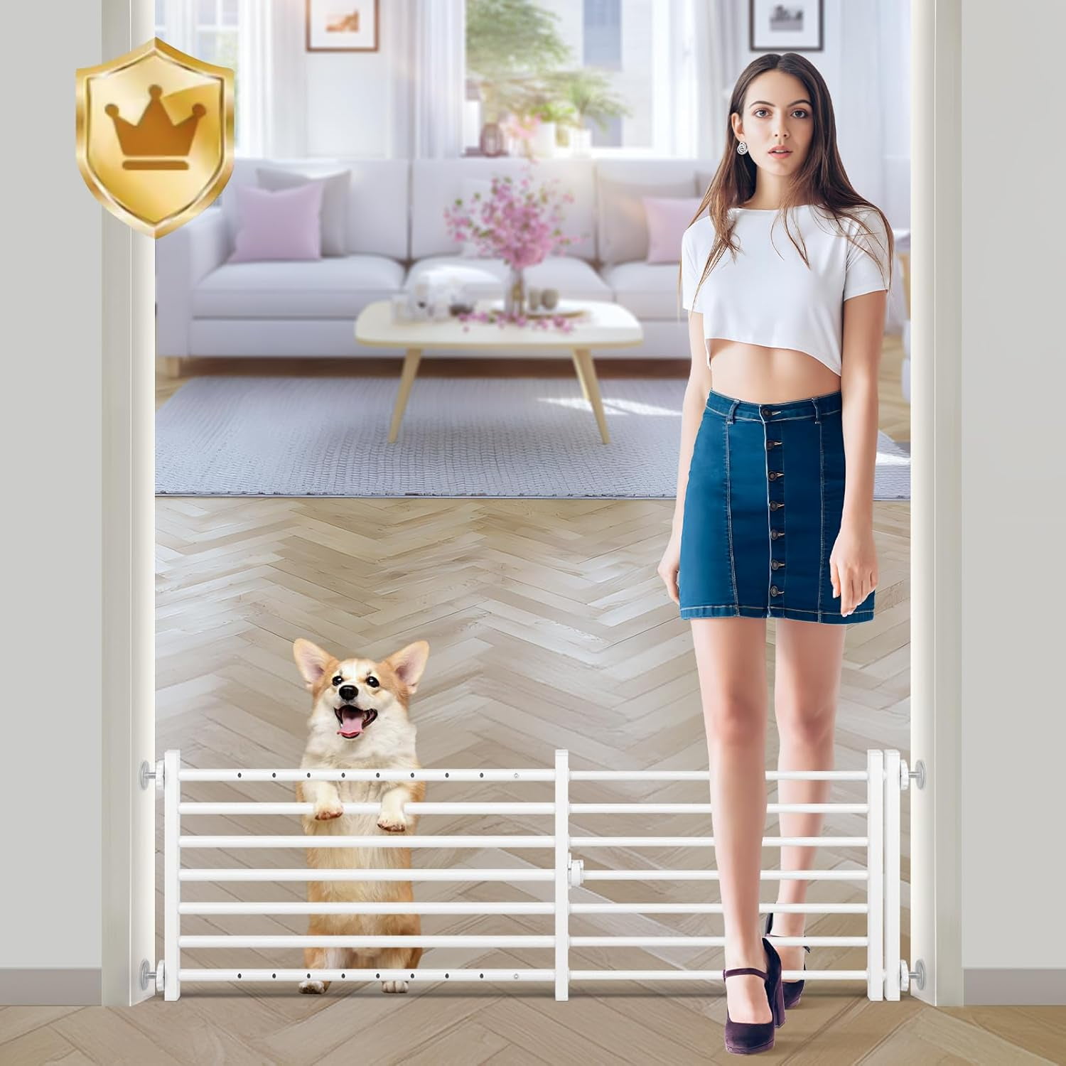 Indoor Dog Gate with Door, 34-55" Extra Wide Full Metal Pet Gate Short ...