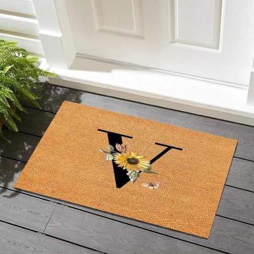 Indoor Door Mat Black Monogram Initial Letter V Elegant Floor Mats for ...