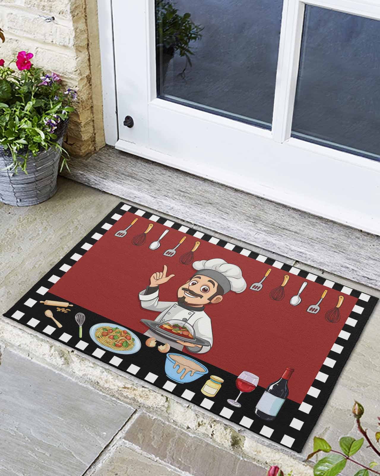 Indoor Door Mat, Fun Chef Kitchenware Food Burgundy Red Absorbent ...