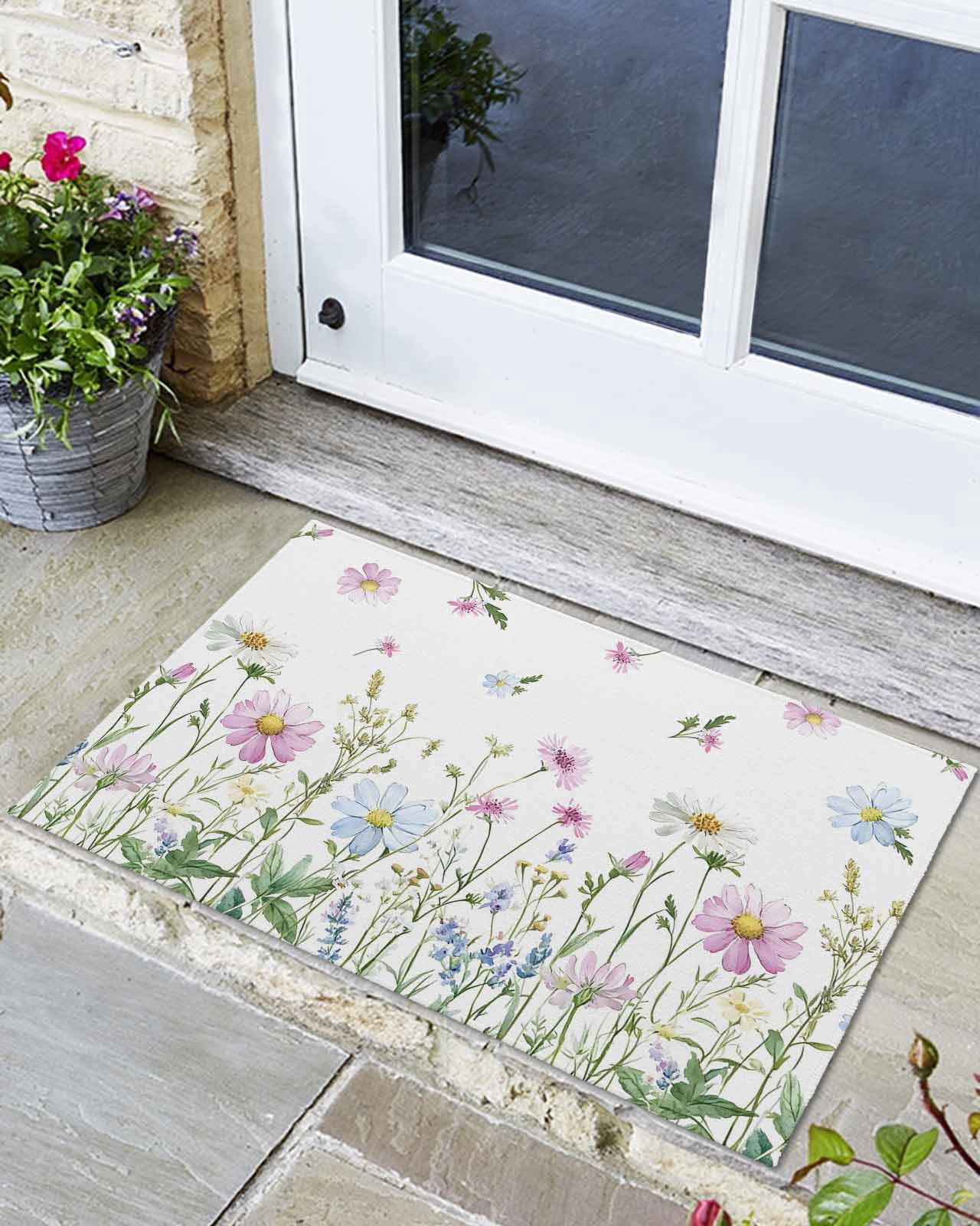 Indoor Door Mat, Retro Garden Flowers Plants Absorbent Entrance Mat ...