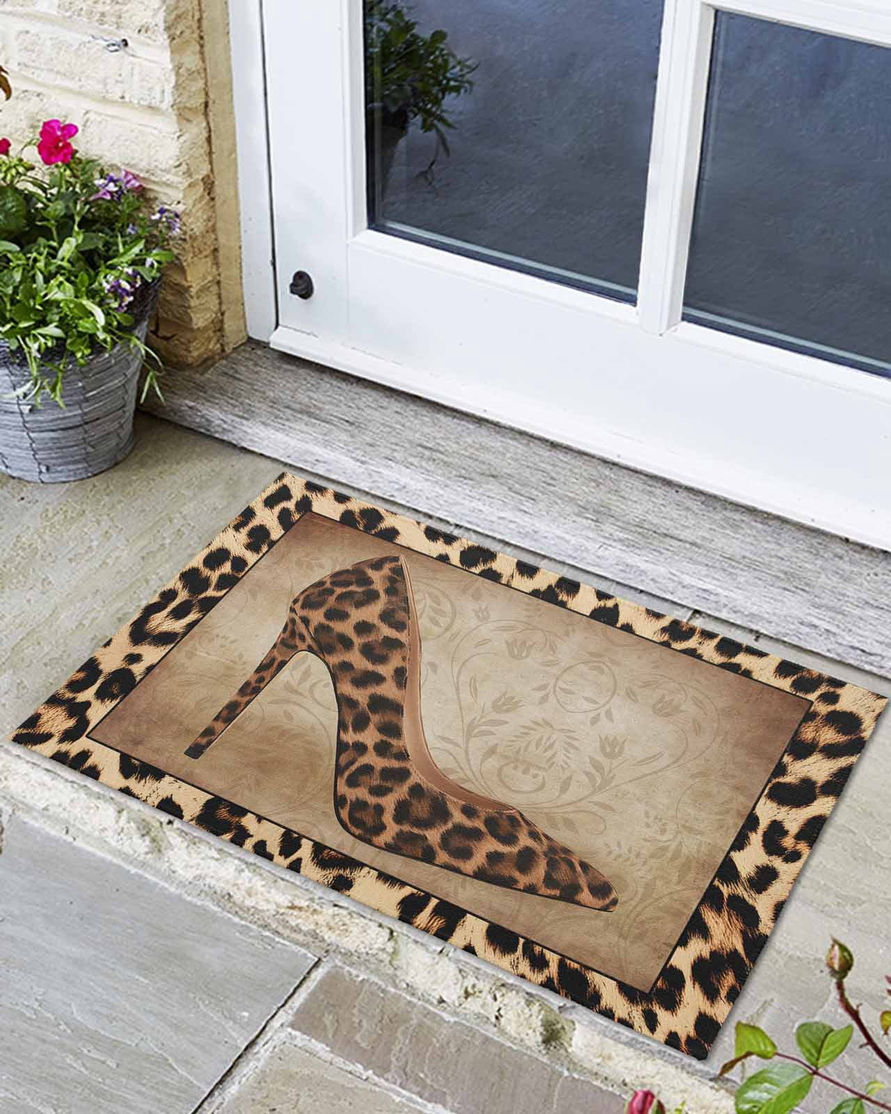 Indoor Door Mat, Retro Leopard Shoes Theme Absorbent Entrance Mat ...
