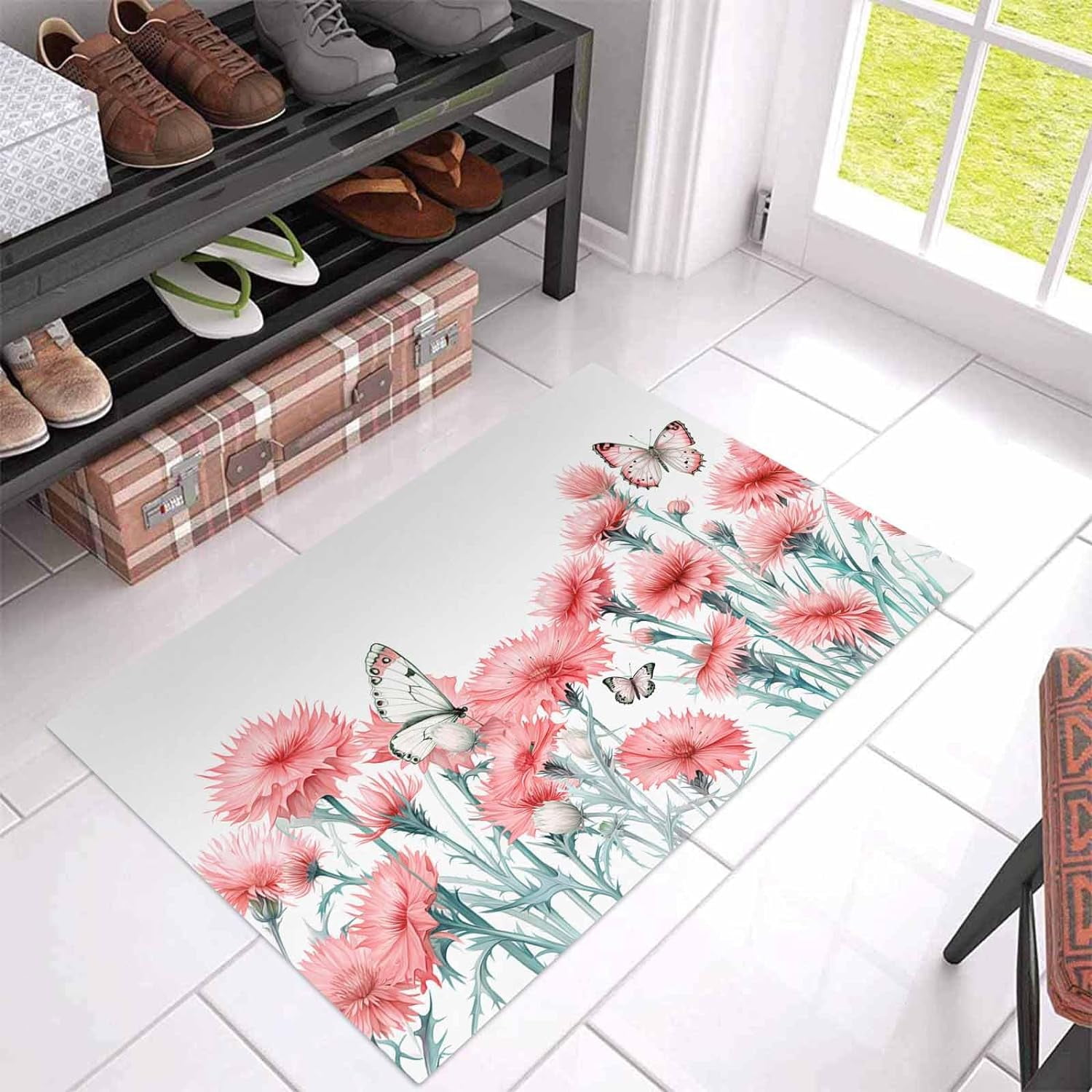 Indoor Door Mat Watercolor Pink Flower Butterfly Non Slip Front Door ...