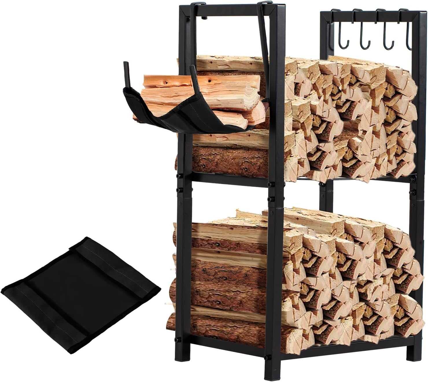 Indoor Firewood Rack With Kindling Hooks & Mat, 32'' Holder in 2-Layer ...