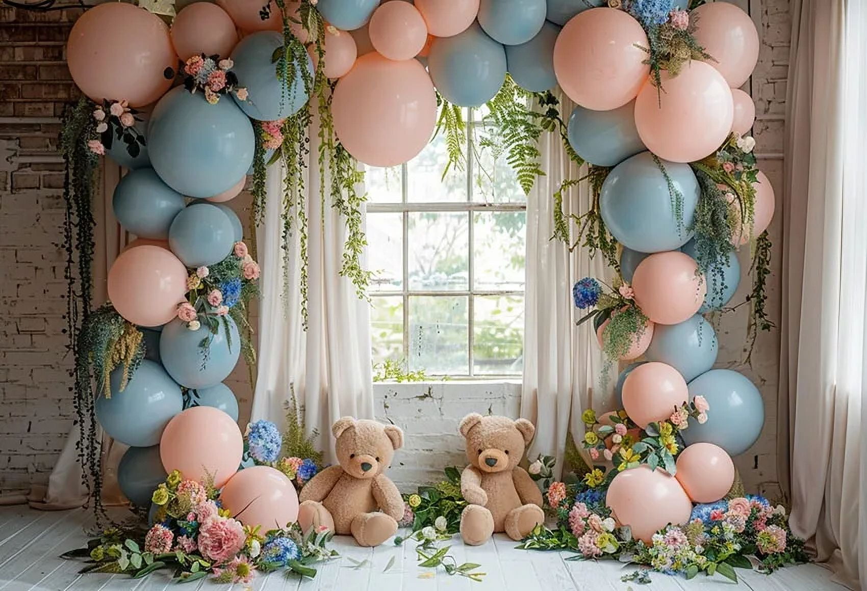 Indoor Flower Windows Bear Balloon Kdis Birthday Cake Smash Portrait r Backdrop Photo Studio ...