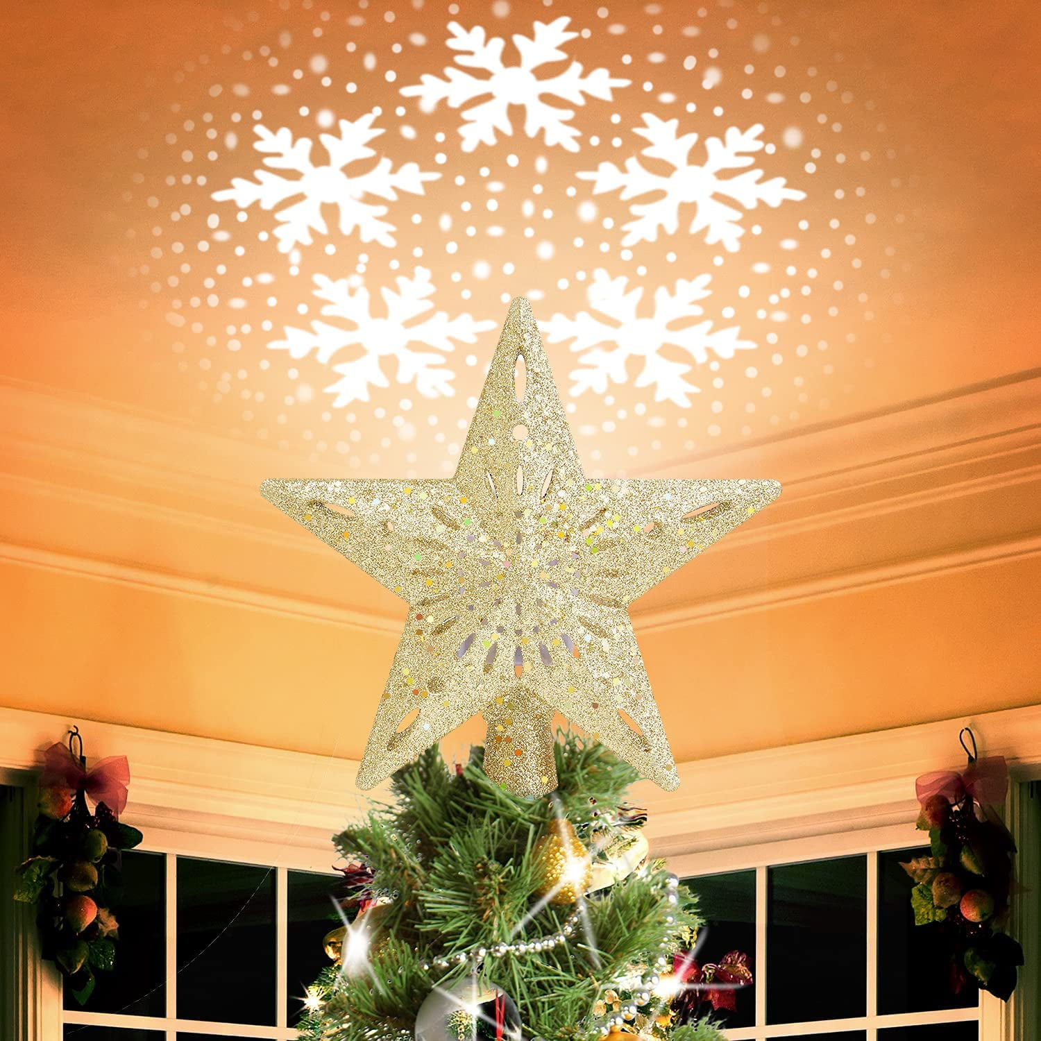 Indoor Gold Glitter Lighted Star Christmas Tree Topper with 360 Degree ...