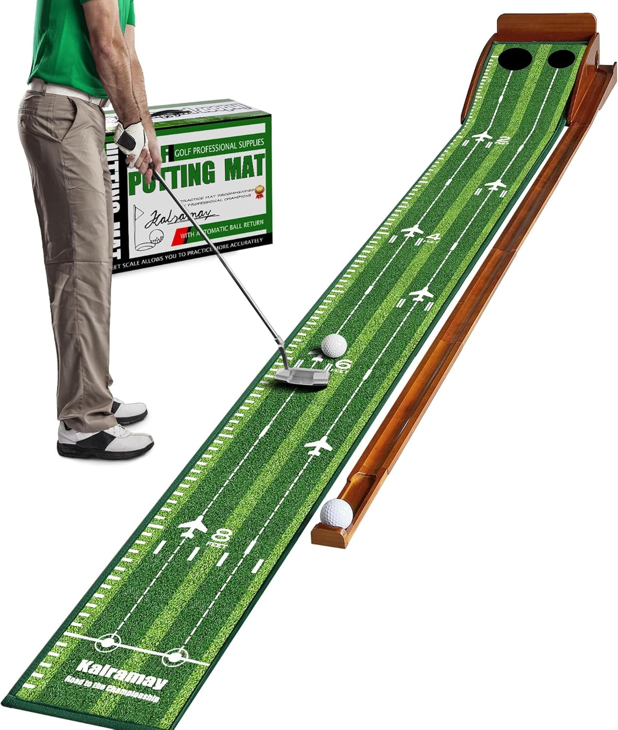 Golf Putting Mat Indoor Automatic Ball Return Solid Wood Base Wrinkle ...