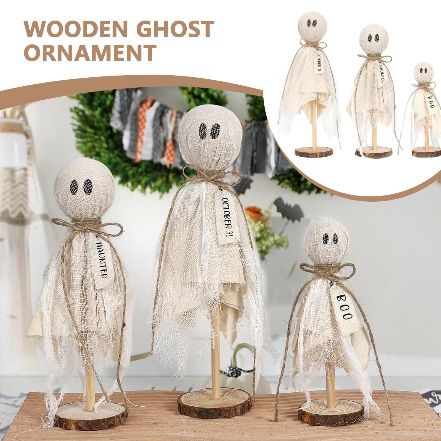 Indoor Halloween Ghost Decor Set 3 Primitive Wooden Stand Ghosts with ...