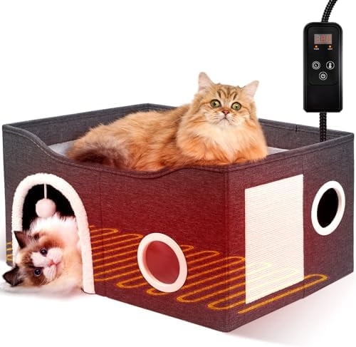 Indoor Heated Cat House, Adjustable Temperature Cat Heating Bed with ...
