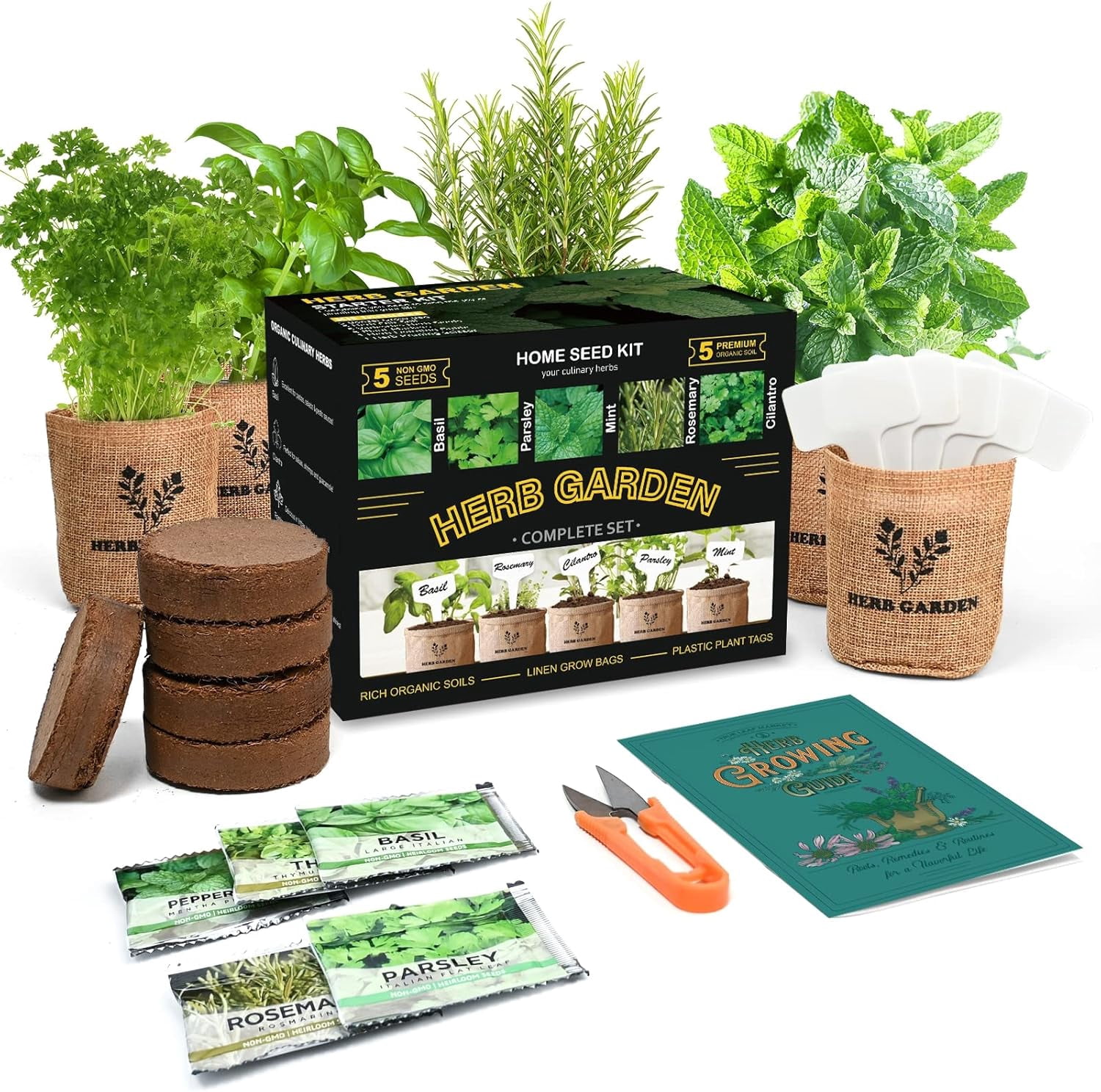Indoor Herb Garden Starter Kit, 5 Non-GMO Herb Seeds - Basil, Parsley ...