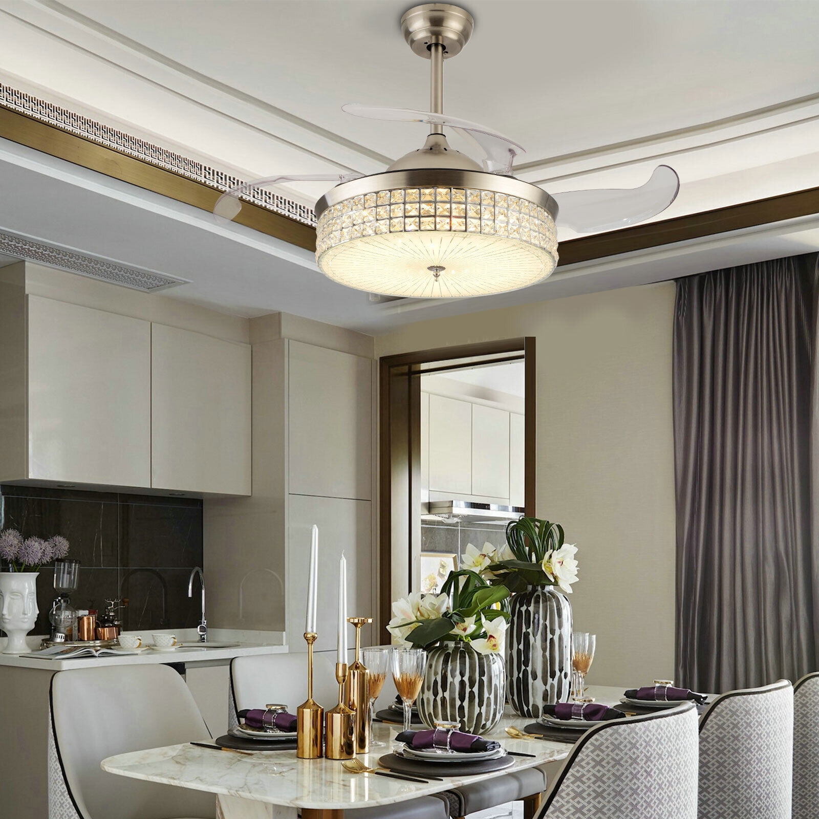 Indoor Invisible Ceiling Fan LED Light Chandelier 4 Retractable Blades ...