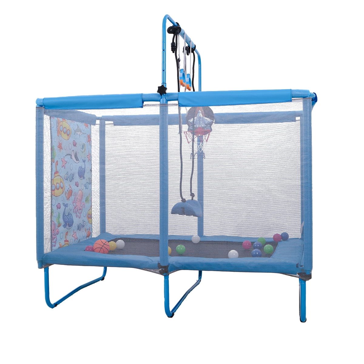 Indoor Kids Trampoline with Safety Enclosure - 6-Leg Steel Frame, UV ...