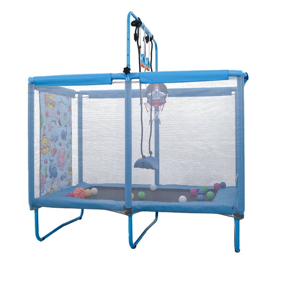 Indoor Kids Trampoline with Safety Enclosure - 6-Leg Steel Frame, UV ...