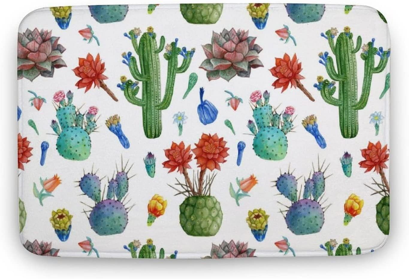 Indoor Mat Cute Funny Bathroom Rug Watercolor Realistic Blossom Cactus ...