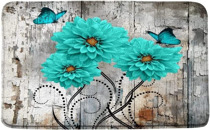 Indoor Mat for Sliding Glass Door Flower Bath Mat Turquoise Dahlia ...