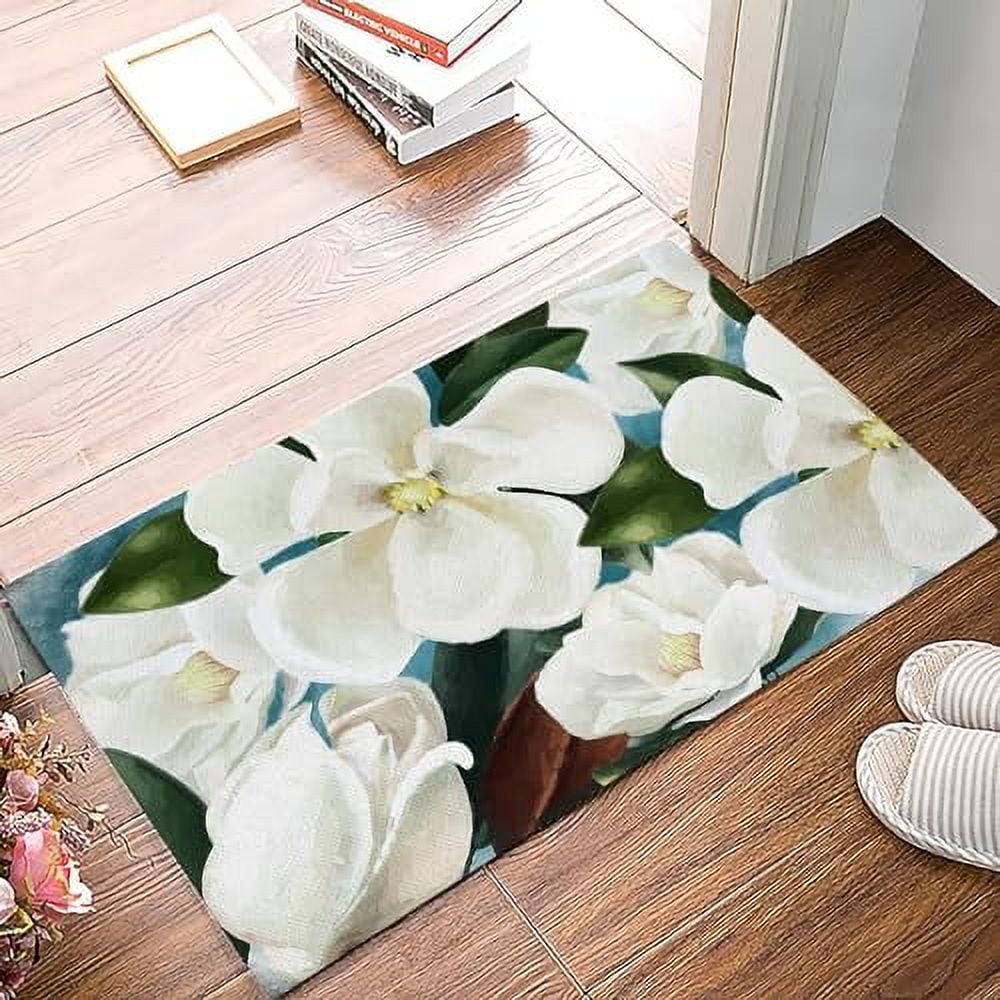Indoor Mat Throw Carpet, Close-up Blooming White Magnolia with Green ...