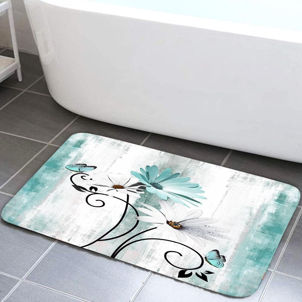 Indoor Mat Washable Rustic Farmhouse Bath Rug Farm Teal Daisy Floral ...