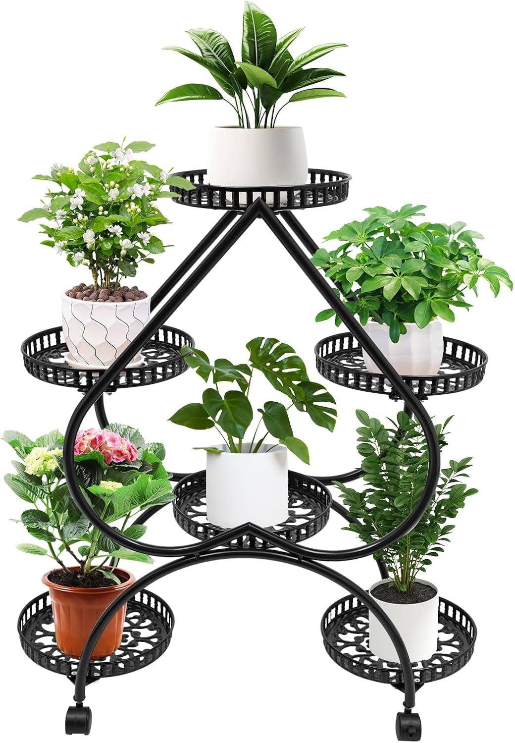 Indoor Outdoor 6 Pot Stand with Rollers, Black Heart-Shaped Flower Pots ...