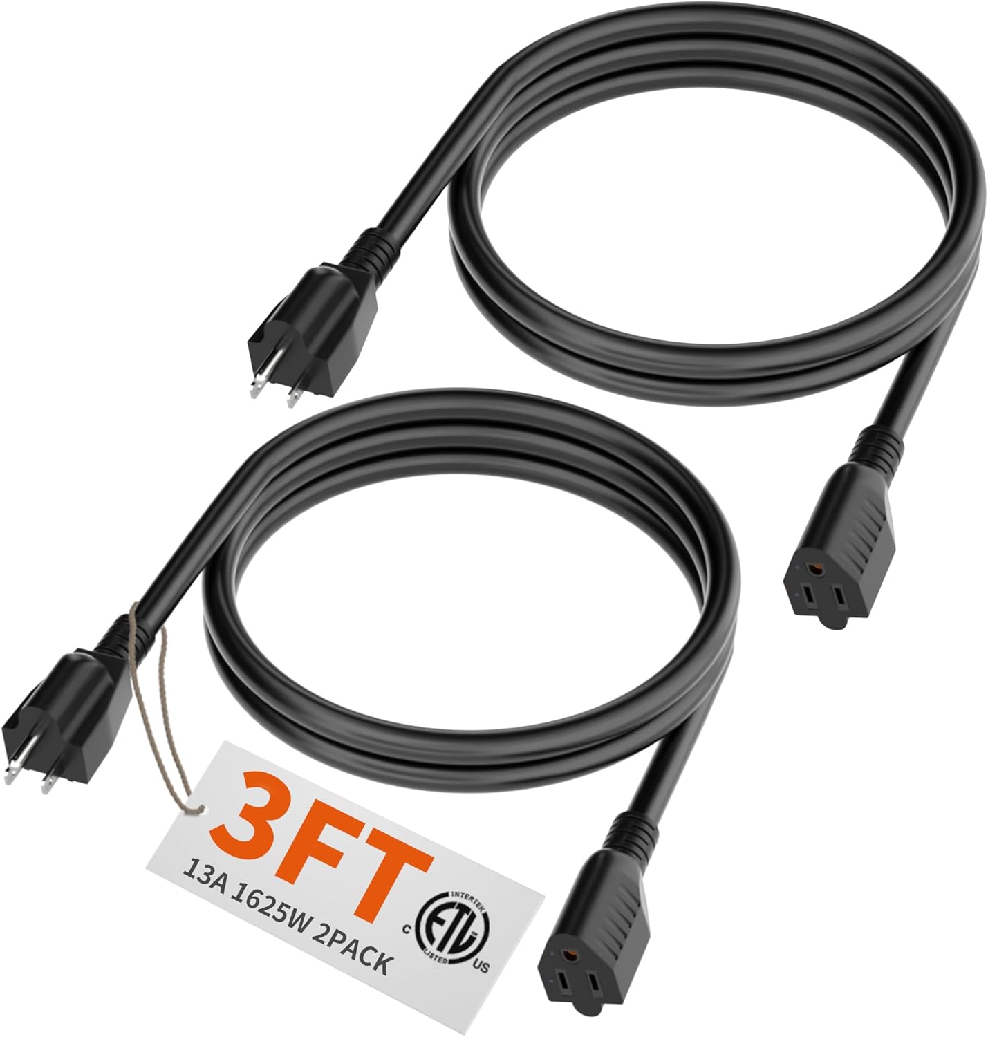 Indoor Outdoor Black Extension Cord 2-Pack 3 ft Waterproof, 16/3 Gauge ...