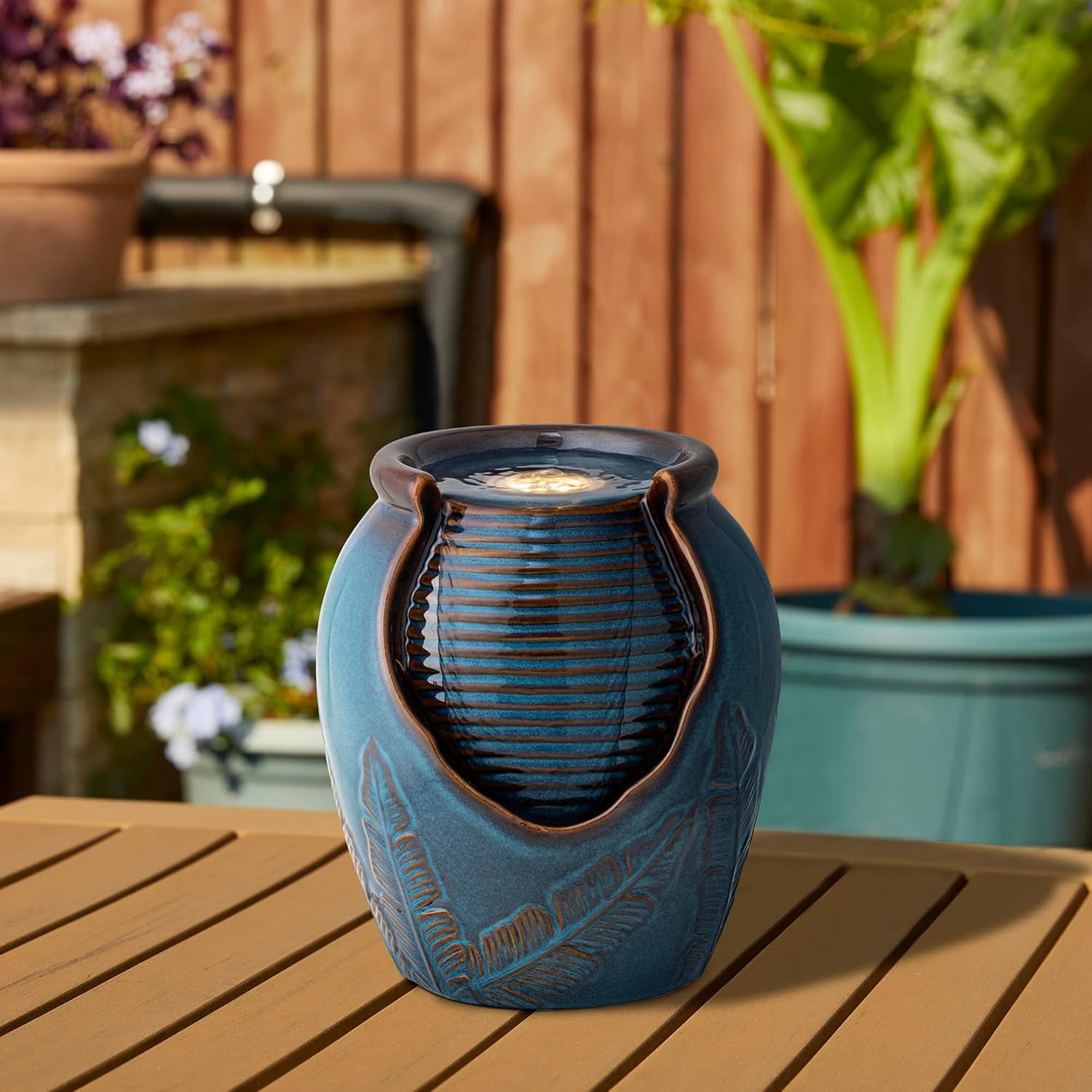 Indoor Outdoor Ceramic Jar Water Fountain with LED Light, Mini ...