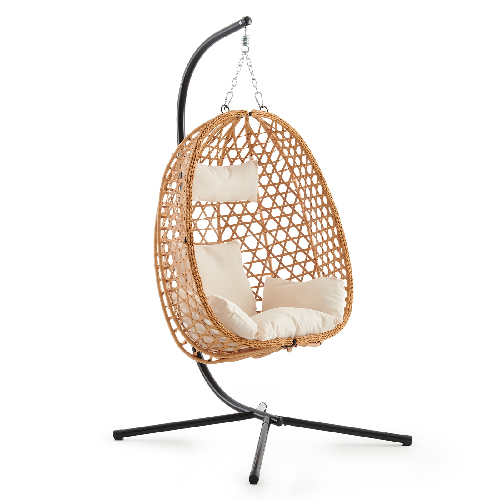 Indoor Outdoor Egg Chair, Patio Wicker Egg Shaped Swing Chair with Stand and Cushion, Hanging ...