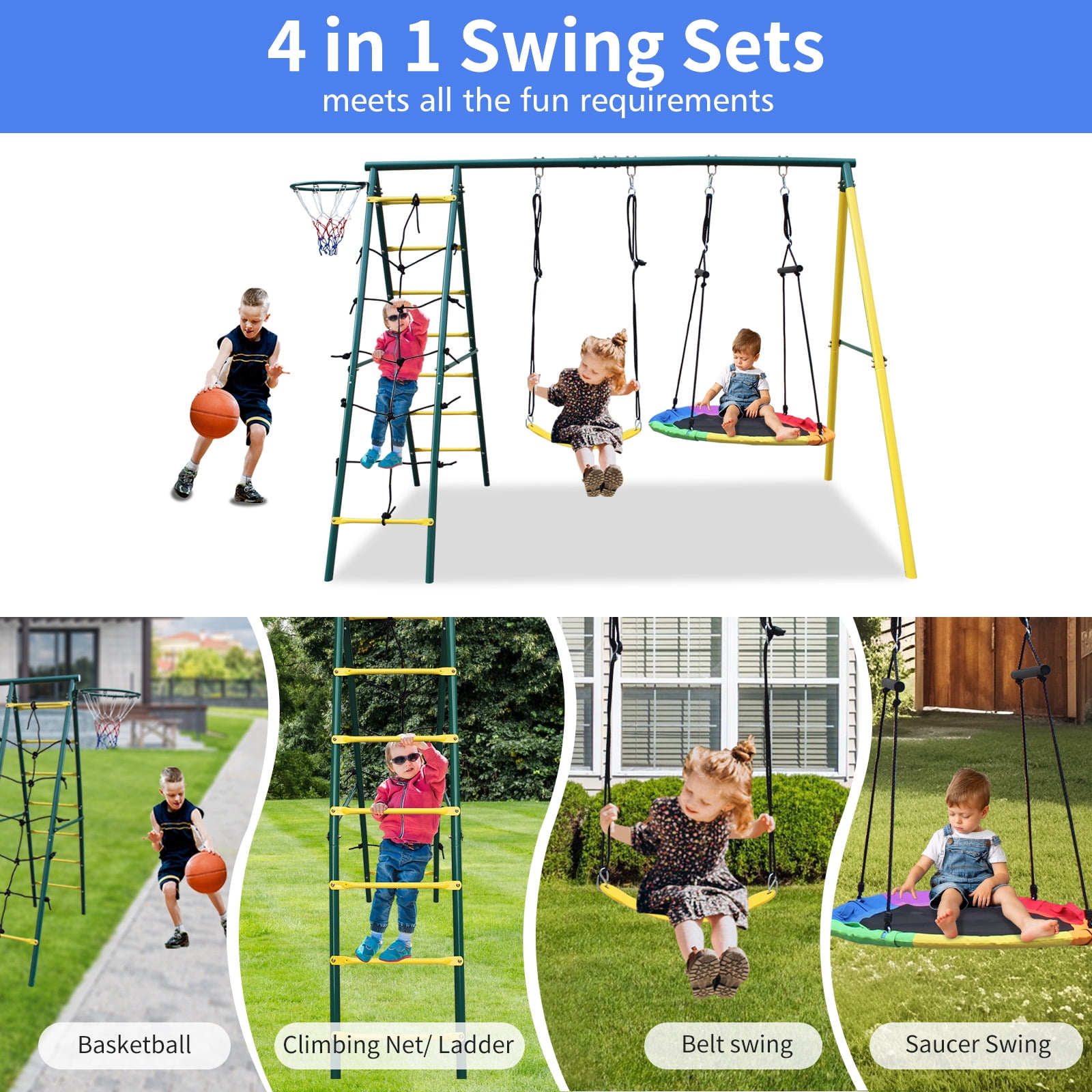 Indoor/Outdoor Metal Swing Set with Safety Belt for Backyard - Walmart.com
