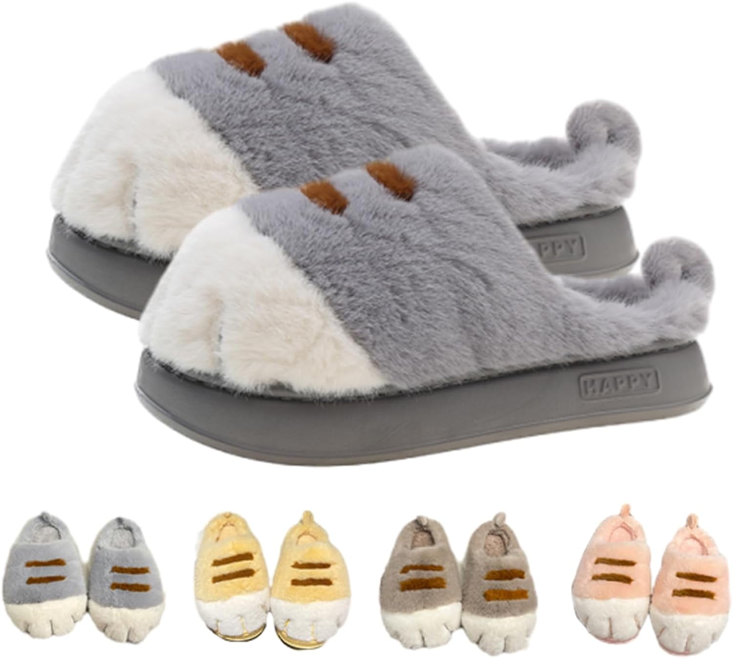 Indoor Outdoor Slippers Women Cute Cat Paw Cartoon Slipper Warm Fluffy ...