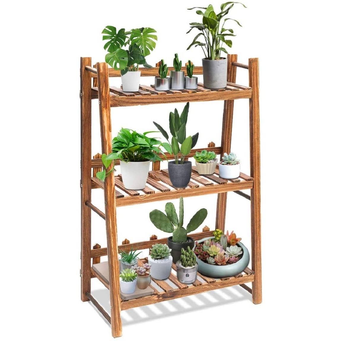 Indoor Outdoor Solid Wood 3 Shelf Folding Plant Stand Planter Shelves ...