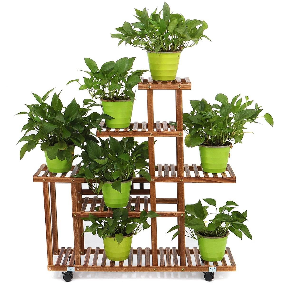 Indoor Outdoor Solid Wood 6-Tier Plant Stand Planter Cart on Wheels ...