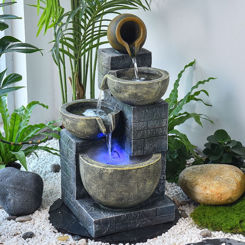 Indoor/Outdoor Tabletop Tiered Basin Waterfall Fountain, Natural Stone ...